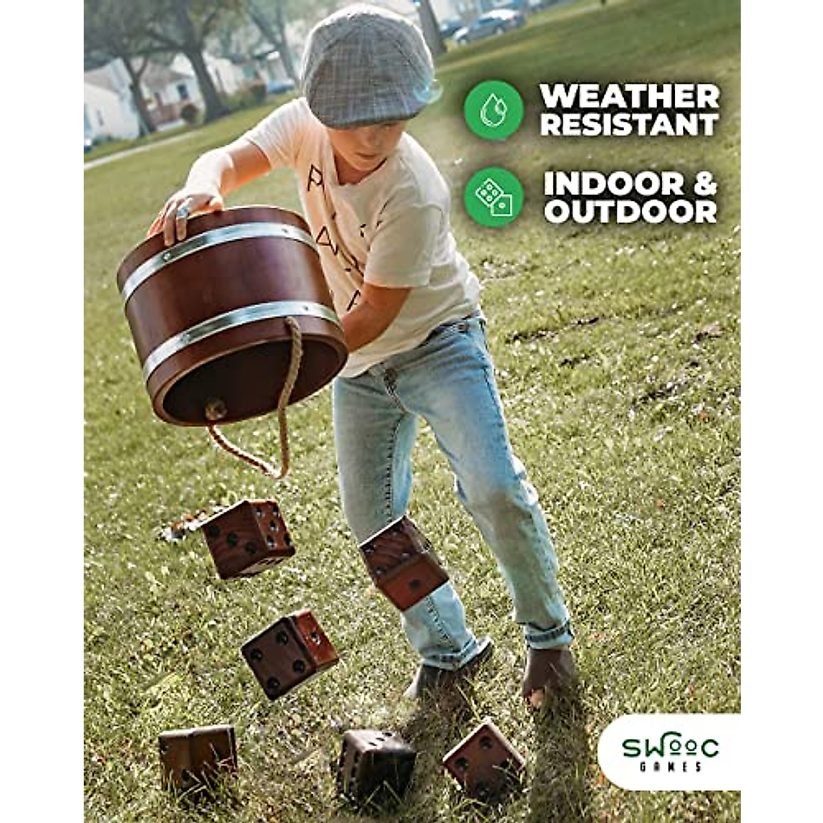 SWOOC Games - Yardzee, Farkle & 20+ Giant Dice Games (All Weather) Yard Dice with Wooden Bucket, 5 Scorecards & Marker - Jumbo Dice Yard Game - Extra Large Yard Games for Adults - Jumbo Lawn Games
