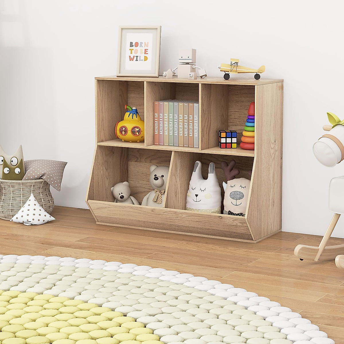 Nightcore 5-Cubby Toy Storage Cabinet, Toy Storage Organizer with Anti-Toppling Kits, Kids Bookcase & Bookshelf, Toy Storage Cubby for Playroom, Bedroom, Nursery & School (Natural)