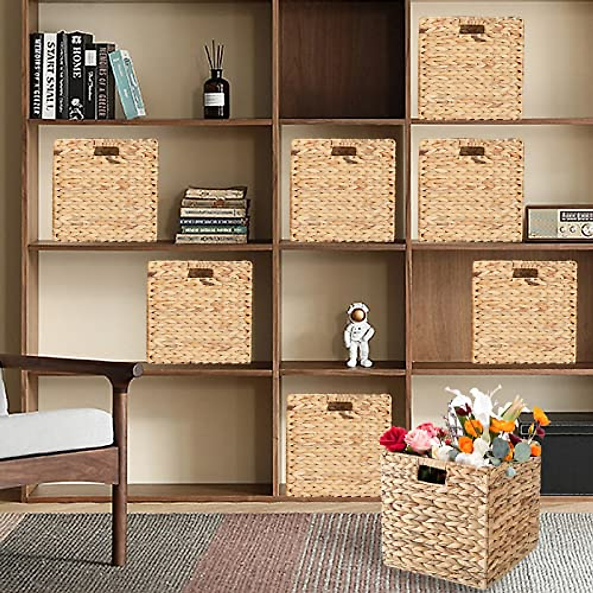 VK Living Foldable Handwoven Water Hyacinth Storage Baskets Wicker Cube Baskets Rectangular Laundry Organizer Totes for Bedroom, Living Room,Nursery Room, Shelves, Pantry 4 Pack 11.8x11.8x11.8inch