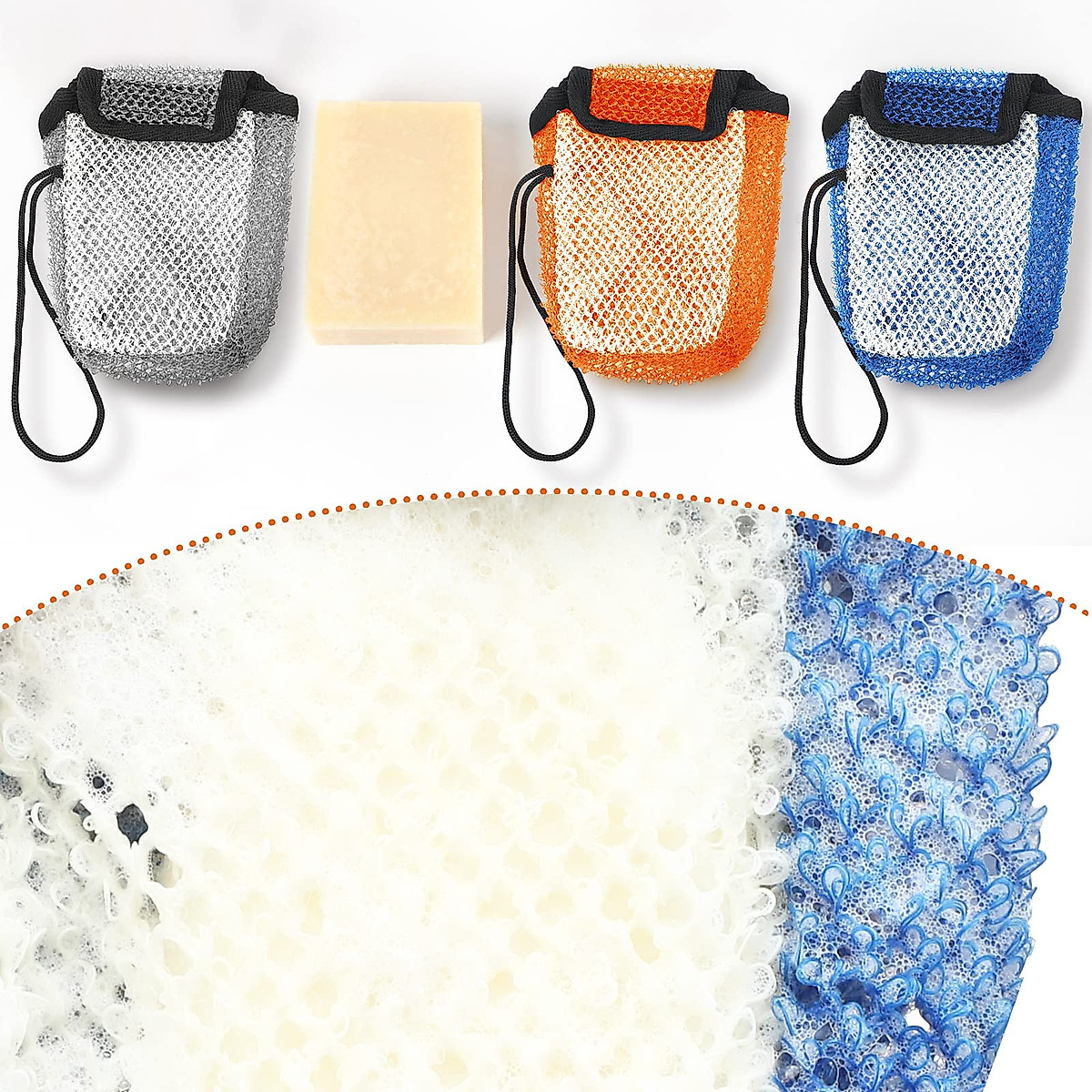 Eaasty 6 Pieces Exfoliating Bar Soap Pouch Soap Saver Pouch for Deep Clean Mesh Soap Bag Bath Shower Body Soap Saver Bag Dual Sided Soap Scrubber Pouch Bar Soap Holder Loofah, Orange, Gray, Blue