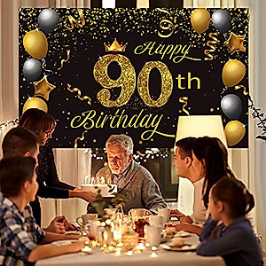 Crenics Happy 90th Birthday Backdrop Banner, Extra Large 90th Birthday Photo Background Banner, Gold Black 90th Birthday Decorations Party Supplies Banner for Women Men, 5.9 x 3.6 ft