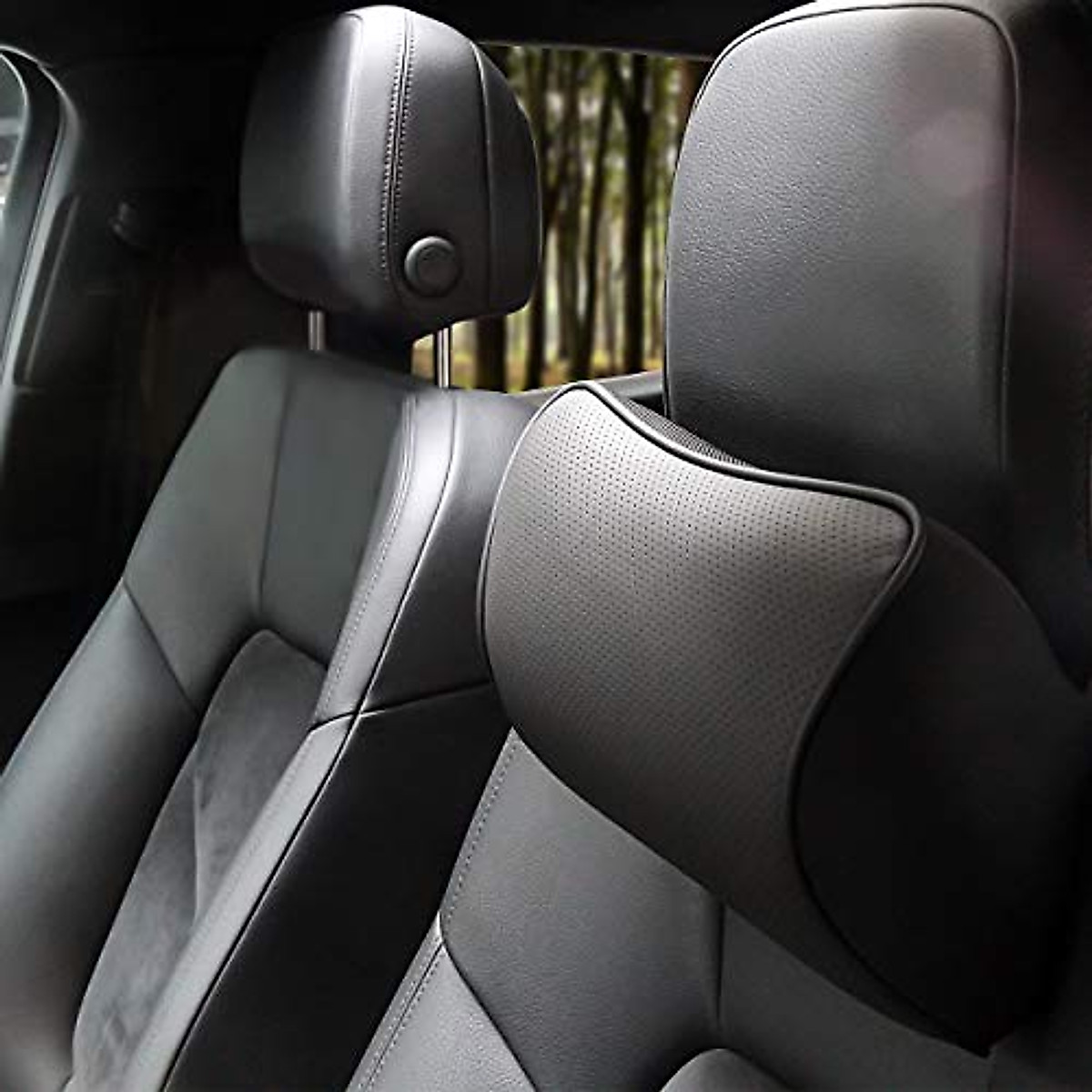 Aukee Memory Foam Car Neck Pillow Soft Leather Headrest for Driving Home Office Black (1PC)