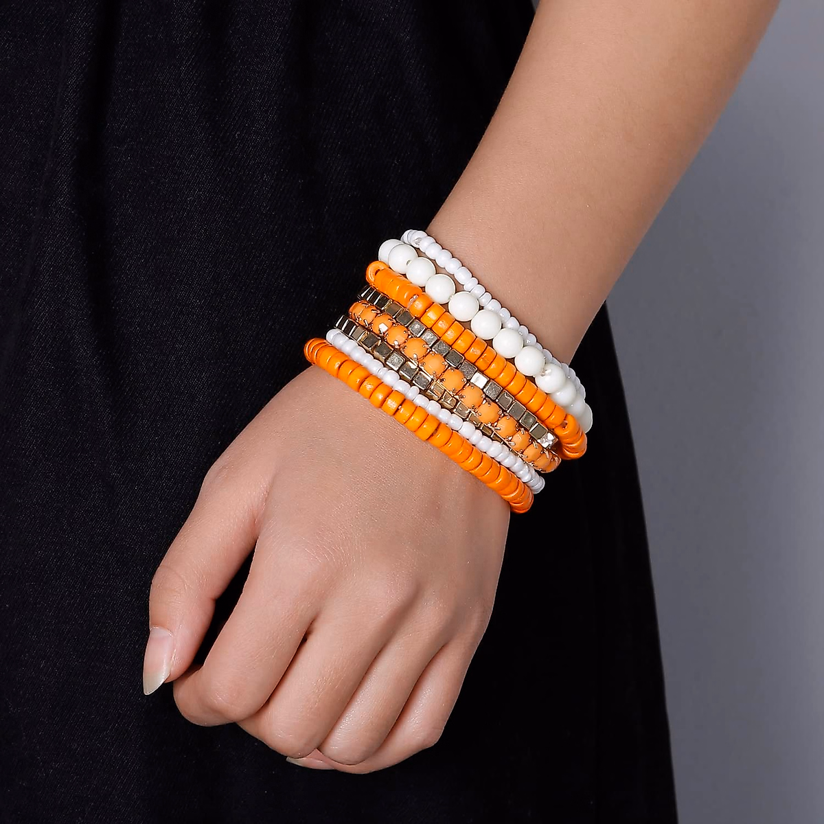 LUREME Bohemian Beads Cube Multi Strand Stretch Stackable Bangle Bracelet Set-Orange (bl003172-2)