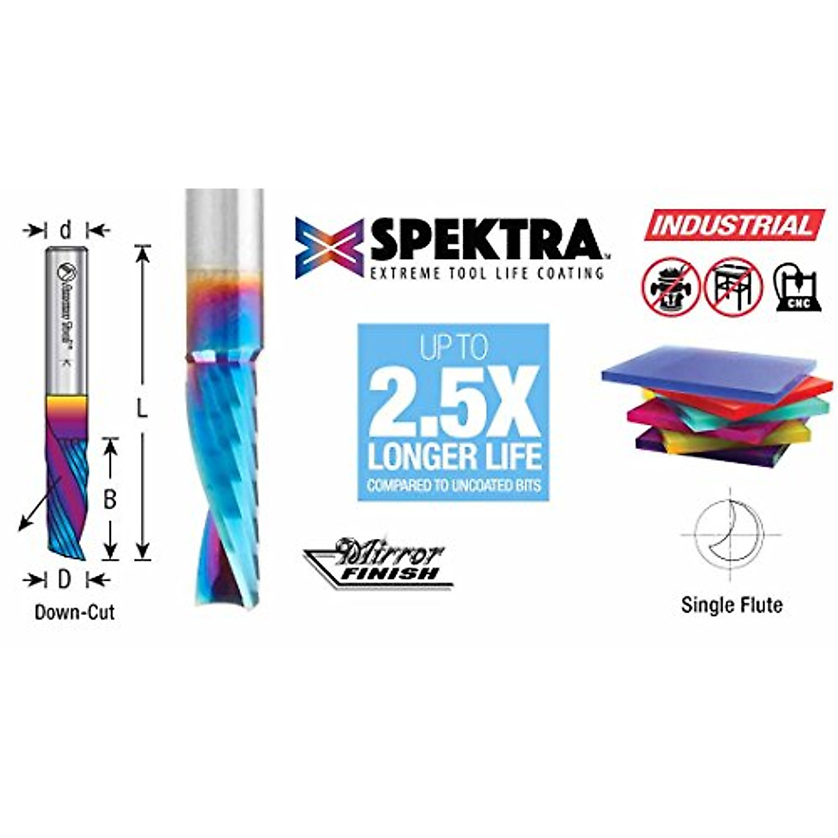 Amana Tool 51511-K Spektra Coated SC Spiral O Single Flute Plastic Cutting 1/8 D x 1/2 CH x 1/4 SHK x 2 Inch Long Down-Cut CNC Router Bit with Mirror Finish