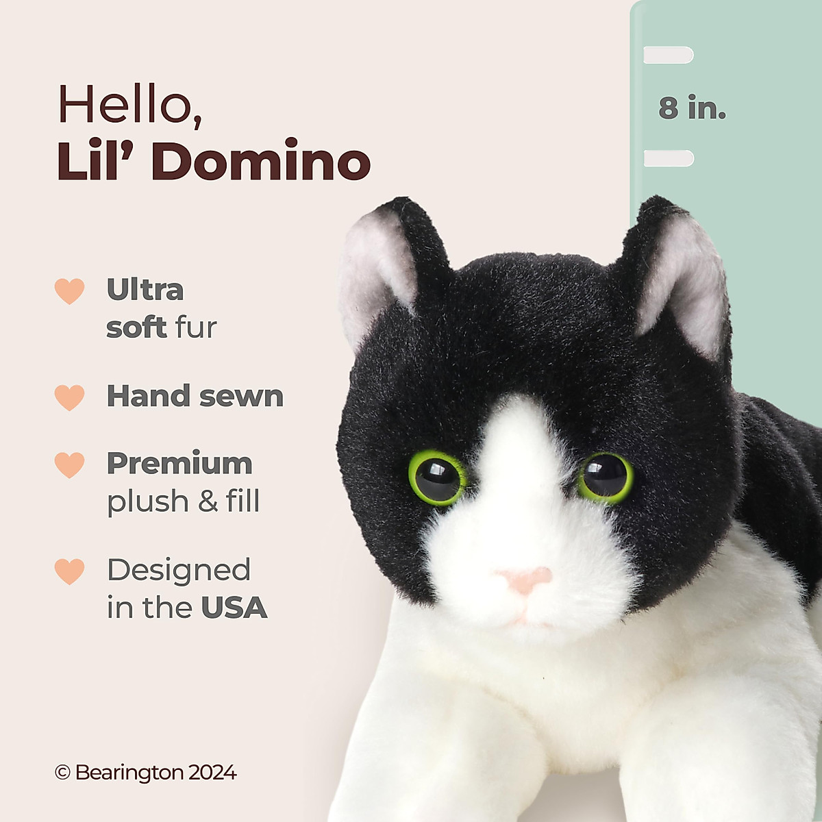 Bearington Collection Lil’ Domino Plush Cat Stuffed Animal, 8 Inch