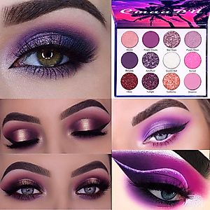 Glitter Purple Pink White Eye Eyeshadow Makeup Palette Pallets, 12Colors Dark Purple Bright High Pigmented sparkly Rainbow Colorful Pressed Glitter Bling Eyeshadow Eye Glitter Makeup Palette
