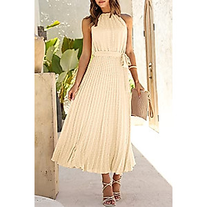 PRETTYGARDEN Women's Midi Summer Dresses Casual Halter Neck Swiss Dot Ruffle Sleeveless A Line Beach Sun Dress (Z_Apricot,Small)