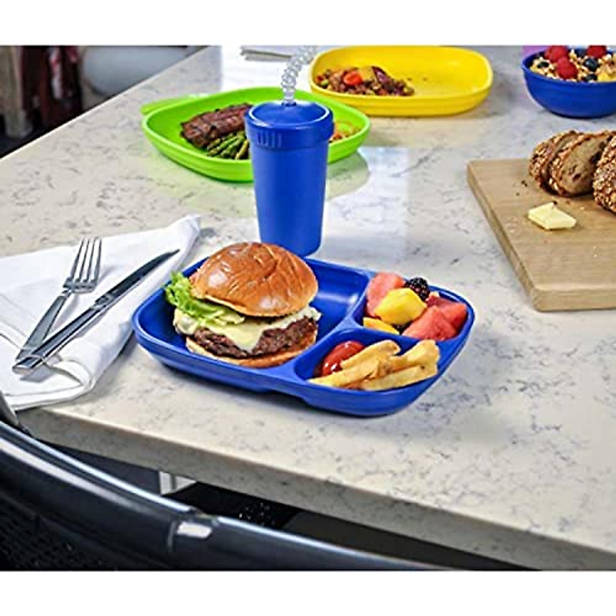 Re-Play Made in USA Large, Deep Walled Divided Plates for Kids, Set of 3 - Reusable 3 Compartment Plates, Dishwasher and Microwave Safe - 9" x 7.5" x 1.25" Divided Trays, True Blue