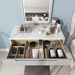 YOURLITE Vanity Table Set with 3 Modes Adjustable Brightness Mirror and Cushioned Stool, Dressing Table Vanity Makeup Table with Free Make-up Organizer