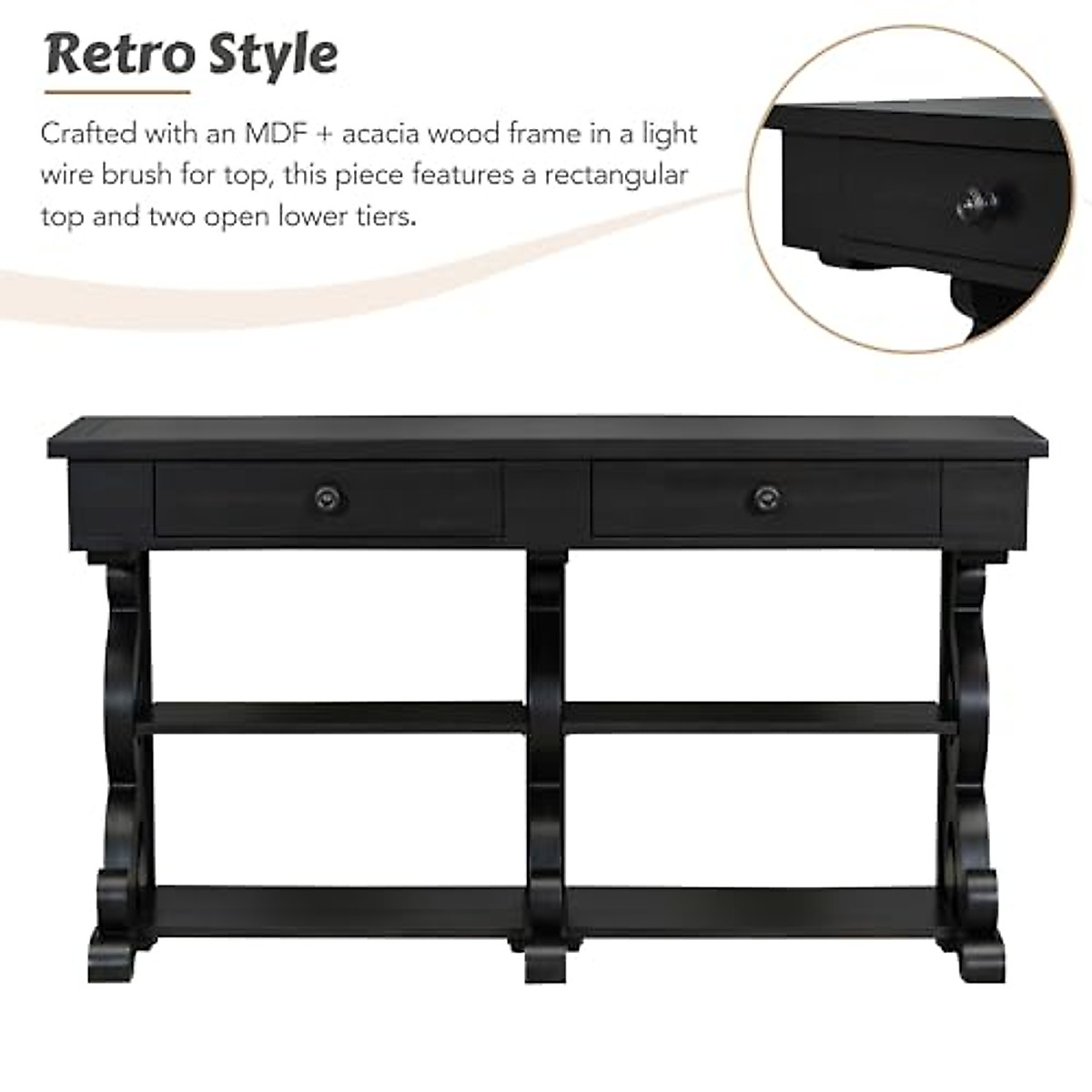 Rockjame Console Table, Retro Wood Sideboard with Ample Storage, Classic Accent Entryway Table with 2 Drawers and Open Adjustable Shelves for Entrance Dinning Room Living Room (Antique Black)