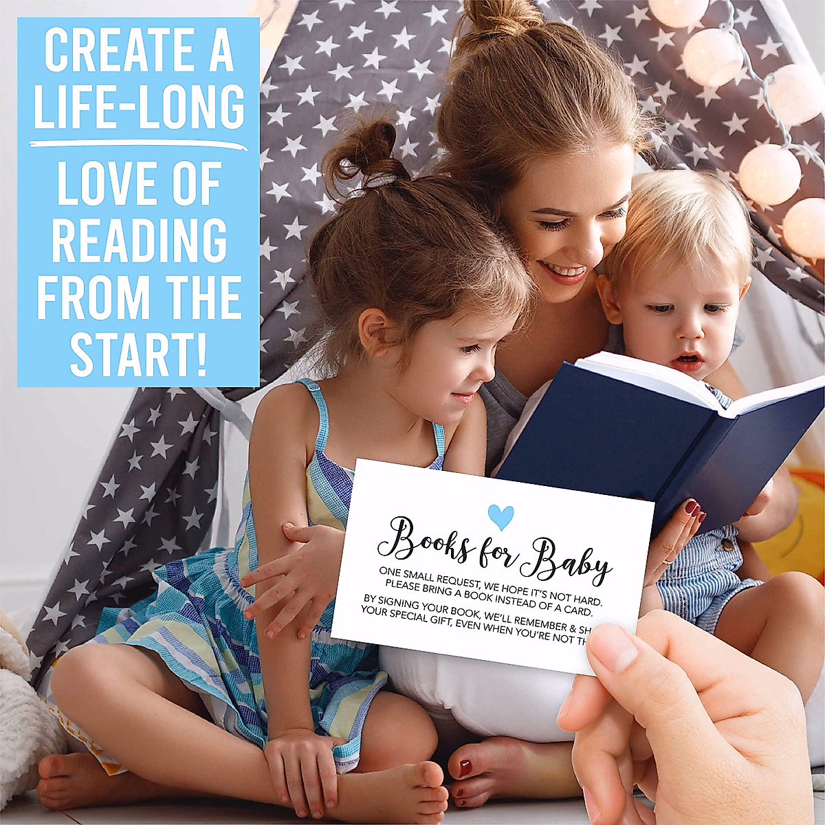 Hadley Designs 25 Books For Baby Shower Request Cards - Blue Baby Shower Invitation Inserts, Book Request Baby Shower Guest Book Alternative, Bring A Book Instead Of A Card for Boys