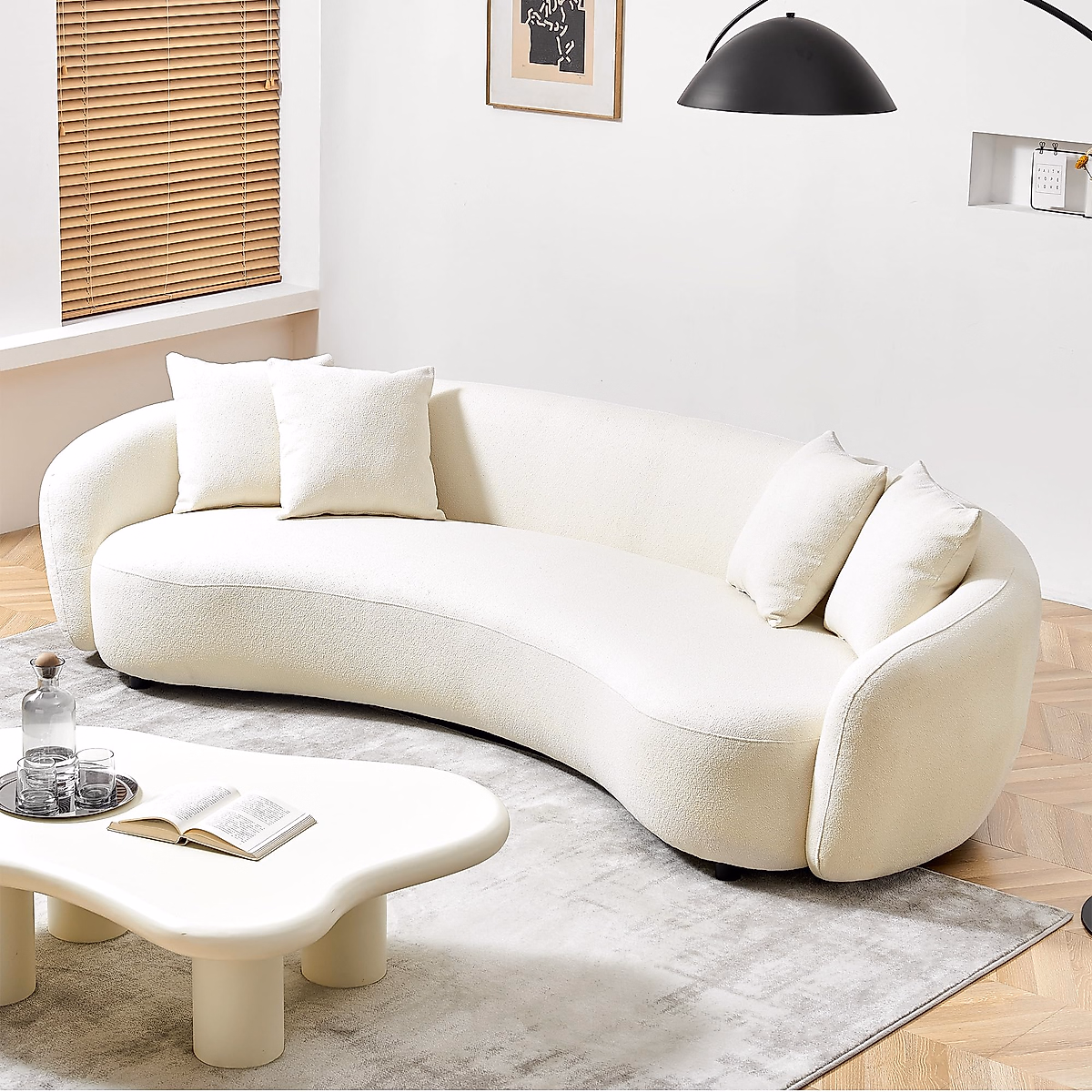 VnndeNest 101'' Sofa Couch, Modern Curved Half Moon Sectional Sofa, Teddy Fleece Boucle 5-Seat Sofa Couch with 4 Throw Pillows, Luxury Comfy Sofa for Living Room, Bedroom, Office, Apartment, Beige