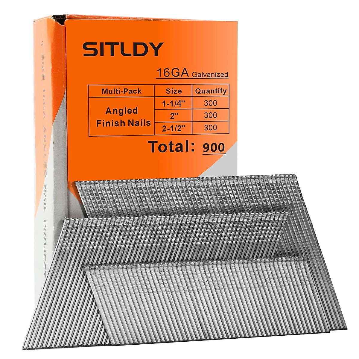SITLDY 16 Gauge Angled Finish Nails, 20-Degree, 900-Pack (1-1/4", 2", 2-1/2", 300 Per Sizes), Galvanized Assorted Size Project Pack