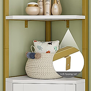 HITHOS 71" Tall Corner Shelf, 6-Tier Corner Bookcase, Gold Bookshelf with Storage Cabinet, Modern Display Shelf, Free Standing Storage Rack Plant Stand for Living Room, Bedroom, Home Office, White