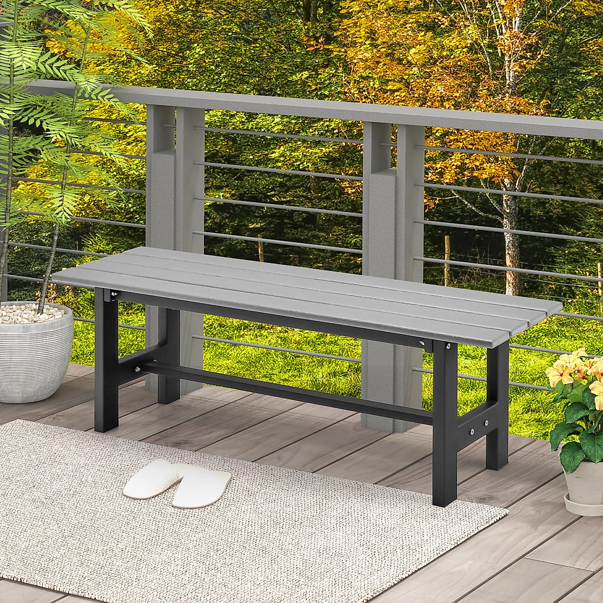 Tangkula 47” Outdoor Garden Bench, 2-Person Patio Park Bench with HDPE Slatted Seat & Metal Frame, 660 LBS Capacity, Rectangular Outdoor Dining Bench for Yard, Garden, Balcony, Entryway (2, Gray)