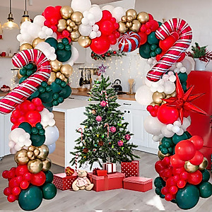 Christmas Balloon Garland Arch Kit with Red, Green, White and Gold Balloons, Candy Cane, Exploding Star for Christmas Party Decorations