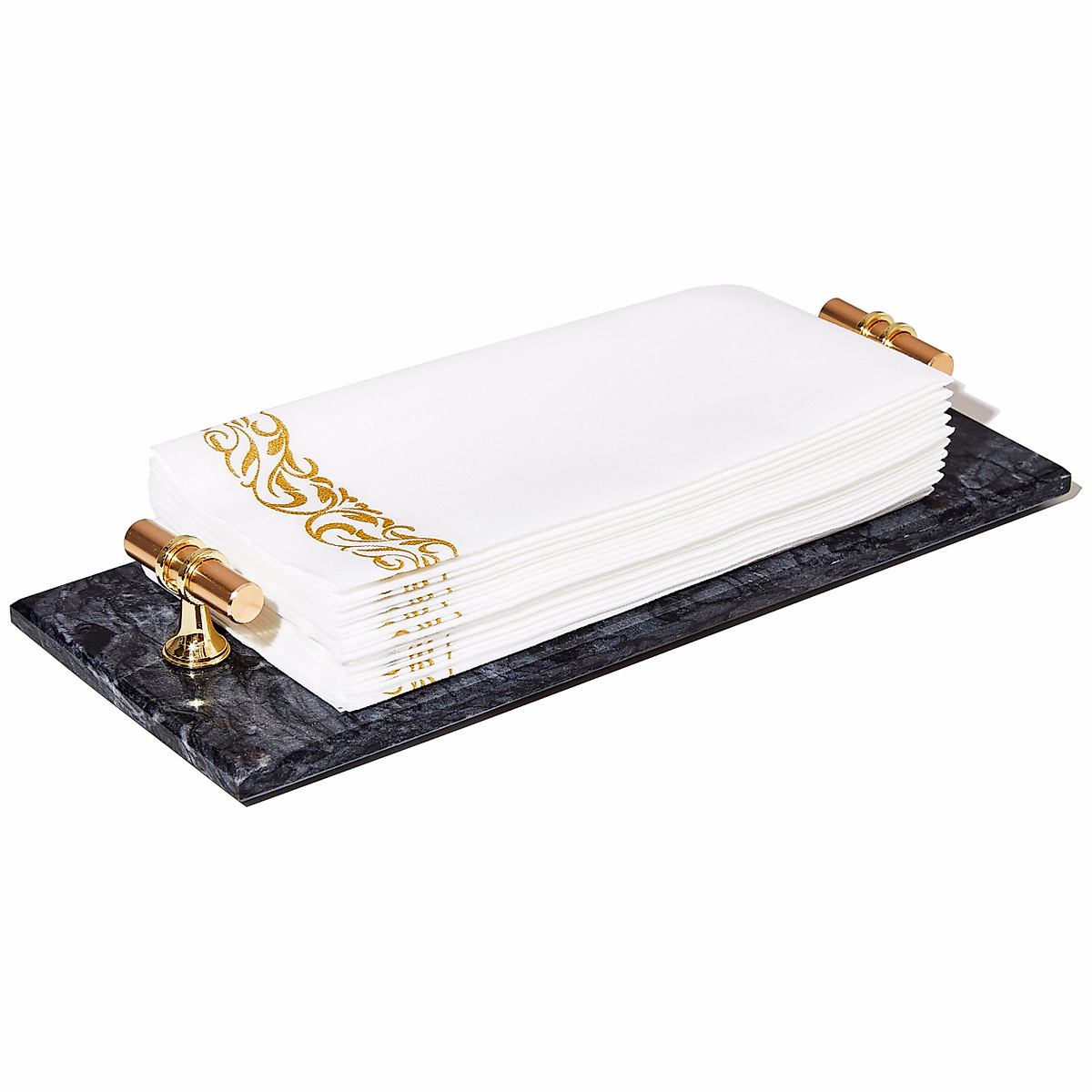 Denique Guest Towel Holder Tray for Bathroom, 12" Marble Bathroom Tray, Paper Napkin Holder Hand Towel Tray for Bathroom, Countertop Organizer Vanity Tray Decorative Tray with Gold Handles (Gray)