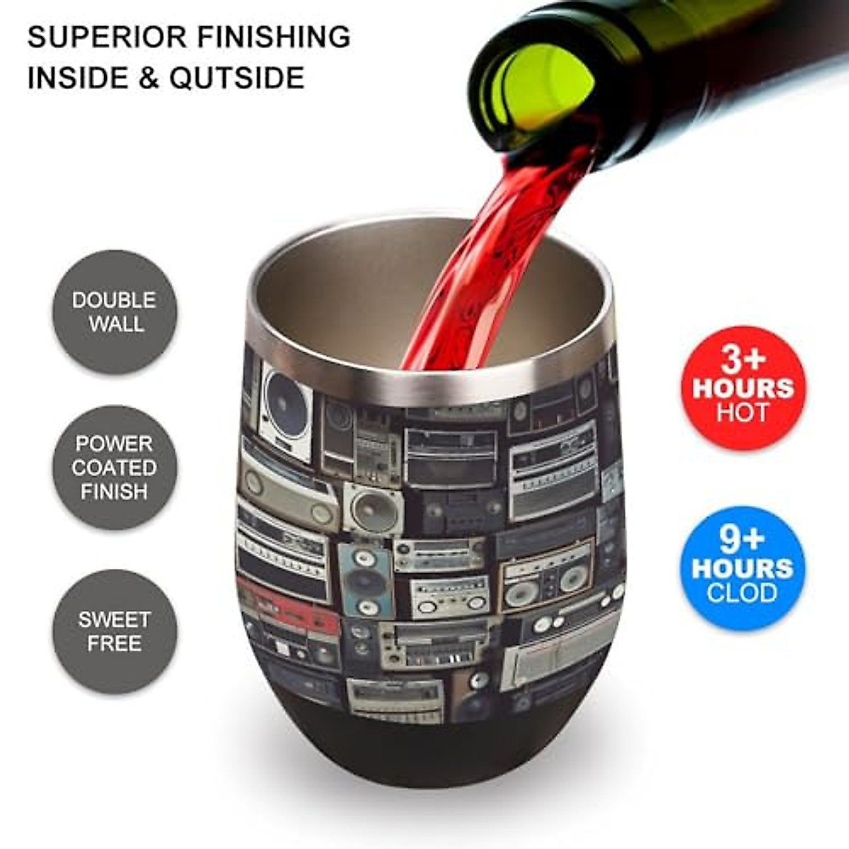 WYUSPGK 304 Stainless Steel Insulated Cup, Vintage Wall of Radio Boombox Print Smooth Rim, Durable & Reusable - Perfect for Office, Home, And Travel