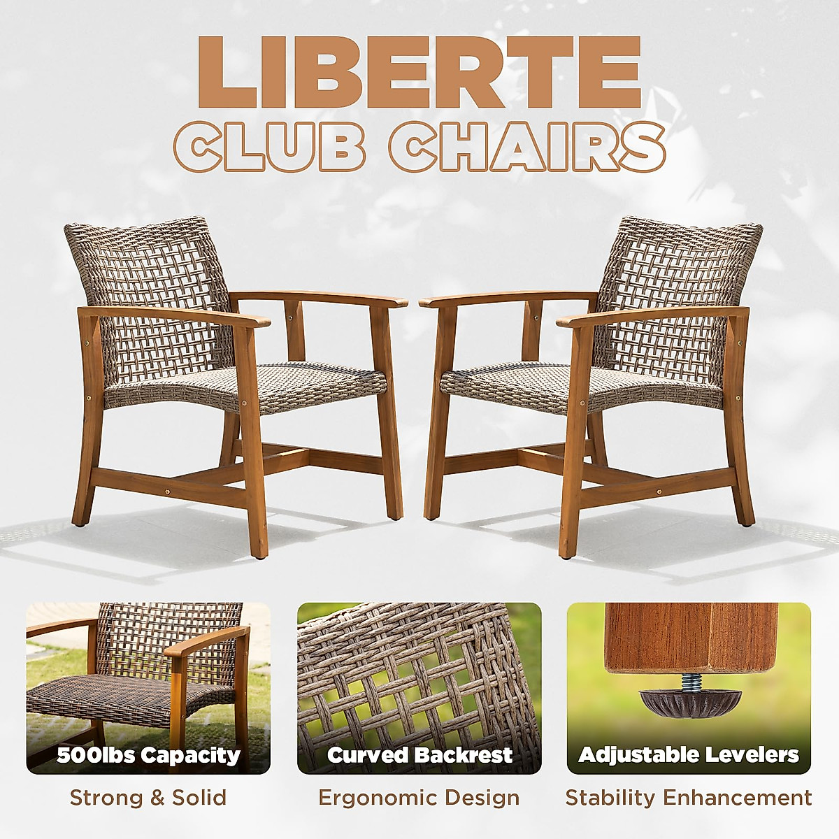 IDZO Liberte Accent Chairs Set of 2, 500lbs Weight Support, Acacia Wood, FSC Teak Finish, UV Protected, Dynamic Gray Wicker, Ideal for patios and Gardens