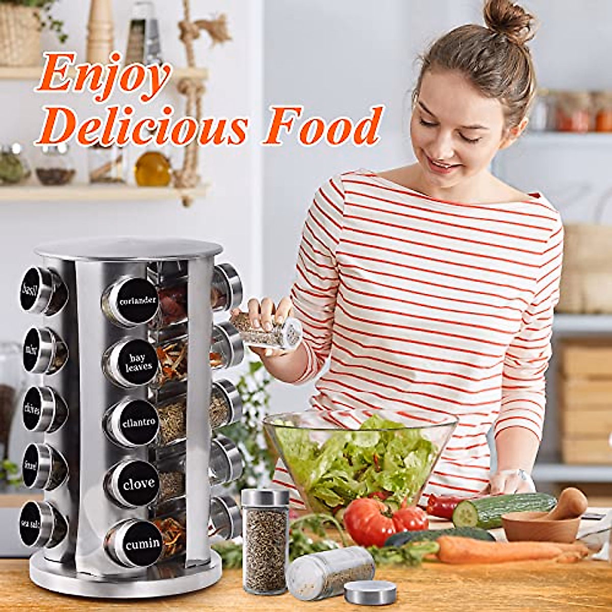 Revolving Spice Rack with 20 Jars, Rotating Spice Rack Organizer, Seasoning Organizer with Labels, Stainless Steel Spice Carousel for Kitchen Countertop, Cabinet