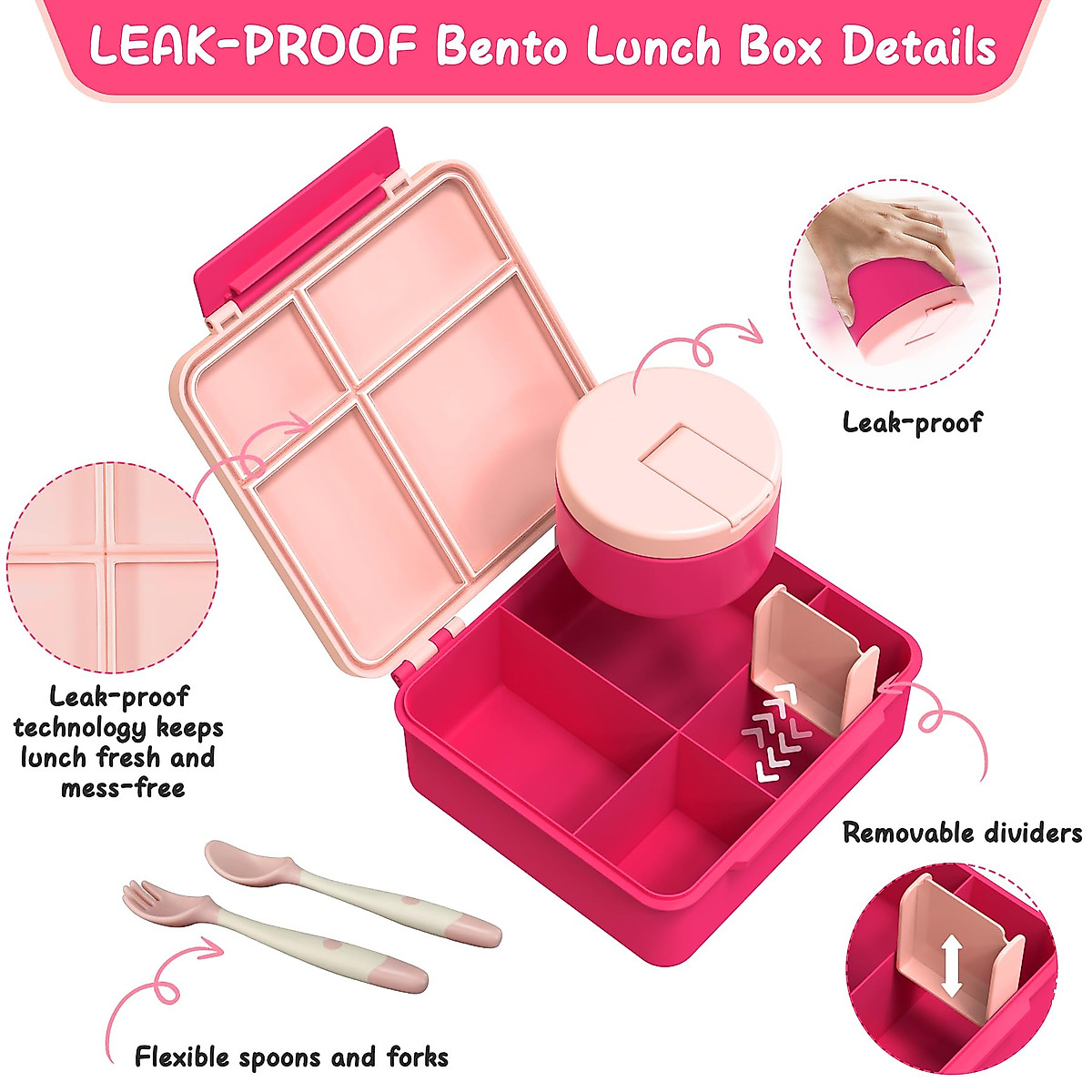 LOHASOK Bento Lunch Box with 8oz Soup Thermo, Leak-Proof Lunch Containers with 4 Compartment, Thermo Hot Food Jar and Insulated Lunch Bag for School Pink