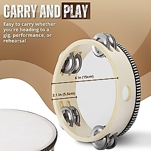 Flexzion Wood Handheld Tambourine Adults 6-Inch Double Row 8-Pair Jingles (Wood) - Percussion Round Tamborines Musical Instrument with Metal Zills