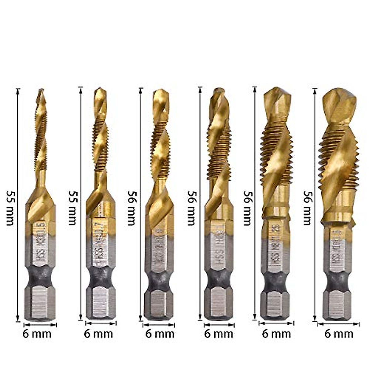YDLQWCZ Combination Drill Tap Bit Set 6 Piece Hex Shank Quick Change HSS Titanium Coated Spiral Tap Drill Bit Include M3 M4 M5 M6 M8 M10 Spiral Screw Tap Set