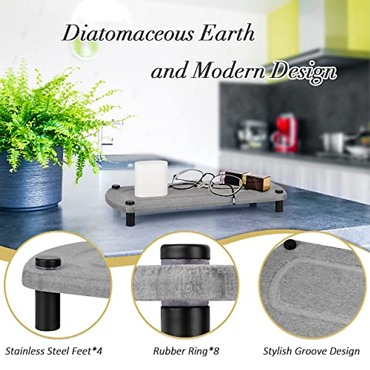 Ozzptuu Sink Caddy Instant Dry Kitchen Sink Organizer Sponge Holder for Kitchen Sink Diatomaceous Pedestal Stand Riser with Stainless Steel Feet Protection for Modern Home (Grey)