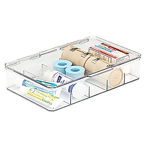 mDesign Plastic Divided First Aid Storage Box Kit with Hinge Lid for Bathroom, Cabinet, Closet - Organize Medicine, Ointments, Adhesive Bandages - 5 Sections, Ligne Collection, Clear