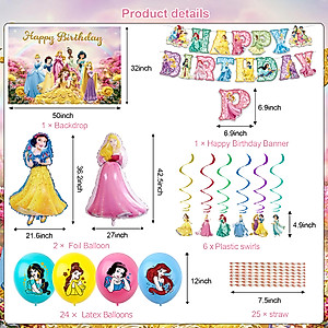 BOSMAT Princess Birthday Decorations, Princess Party Supplies Includes Balloons, Happy Birthday Banner, Cake＆Cupcake Topper, Plates, Napkins, Cup, Tablecloth , Foil Balloon and Backdrop