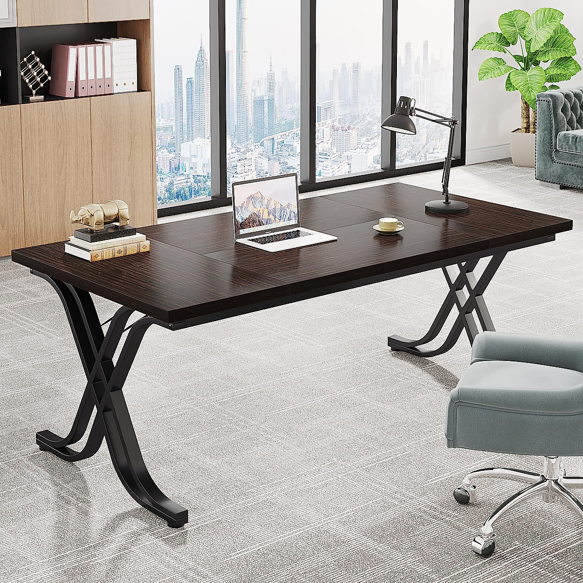Tribesigns 63 Inch Executive Desk, Large Office Computer Desk with Thick Wooden Tabletop and Metal Frame, Modern Simple Workstation Writing Table Study Desk for Home Office, Walnut Brown