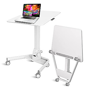 Folding Standing Desk Adjustable Height - Mobile Rolling Laptop Stand Pneumatic Height Adjustable - Foldable Computer Desk Workstation - Portable Mini Standing Desk for Small Office Space