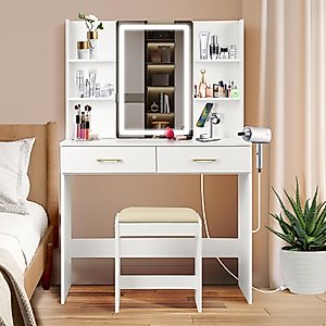 QUALIKRAFT Vanity Set with Mirror and Stool and Lights, Vanity Desk with Mirror & Power Outlet,Vanity Desk with Drawers, White Vanity with Lighted Mirror，Dressing Table Set with 2 Large Drawers