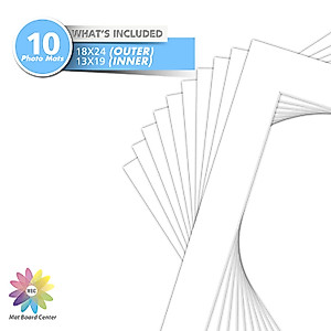 Mat Board Center, Pack of 10, 18x24 for 13x19 White Photo Picture Mats - Acid Free, 4-ply Thickness, White Core - for Pictures, Photos, Framing