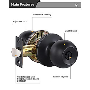 Lanwandeng Matte Black Door Knobs with Lock and Keys, Interior/Exterior Door Knob for Bedroom or Bathroom, Entry Door Lock