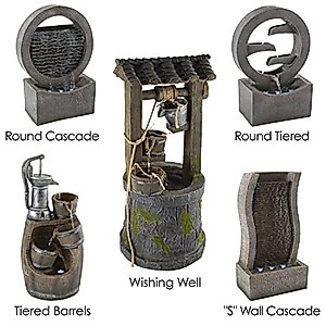 Round Cascade Outdoor Fountain - 18.5-Inch Modern Polyresin Waterfall with Stone Wall Design and LED Lights for Outdoor Decor by Pure Garden (Gray)