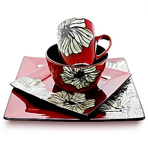 Elama Stoneware Dinnerware Collection, 16 Piece, Red with White Flower Accents