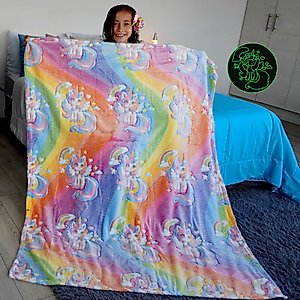 Glow in The Dark Rainbow Unicorn Flannel Throw Blanket – Soft and Cozy for Girls Ages 3 to 10, Suitable for Bedroom, Travel, Camping, Napping, Christmas and Birthday Gift for Girls, Size 50"x60"