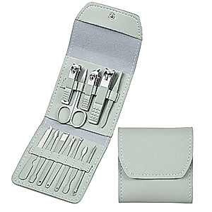 ZZZRCGS manucure pedicure set for women nail kit manicure nail tool set nail products travel nail clippers mani pedi kit at home manicure kit nail clipper set 12 in 1 leather bag (Matcha green)