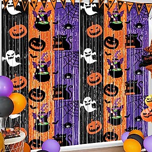 Foil Fringe Curtains Halloween Party Decorations, 2 Pack 3.3 x 6.6 FT Black Orange Purple Tinsel Fringe Curtain Halloween Decor Indoor Photo Backdrop Streamers for Halloween Birthday Party Decorations