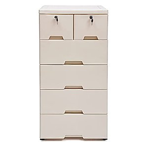 WOQLIBE Dresser Drawer Organizers,Plastic Dresser with 6 Drawers, Tall Lockable Storage Cabinet with Wheel, Dresser Drawer Organizers for Clothing/Bedroom/Playing Room,19.7x13.8x40 in(Beige)