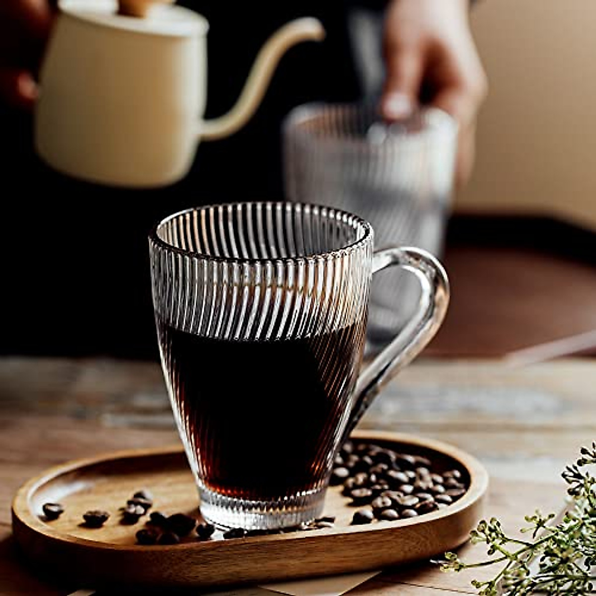 Lysenn Clear Glass Coffee Mugs Set of 2 - Premium Quality Glass Coffee Cups - Unique Twill Design Ribbed Glassware for Cappuccino, Latte, Espresso, Juice, Tea - 10 oz