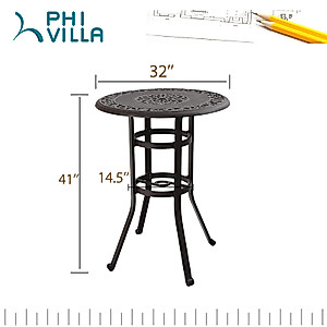 PHI VILLA 32" Cast Aluminum Patio Bar Table, 41" Height High Top Outdoor Table, Pub Height Bistro Round Table for Paito Lawn Garden, Brown