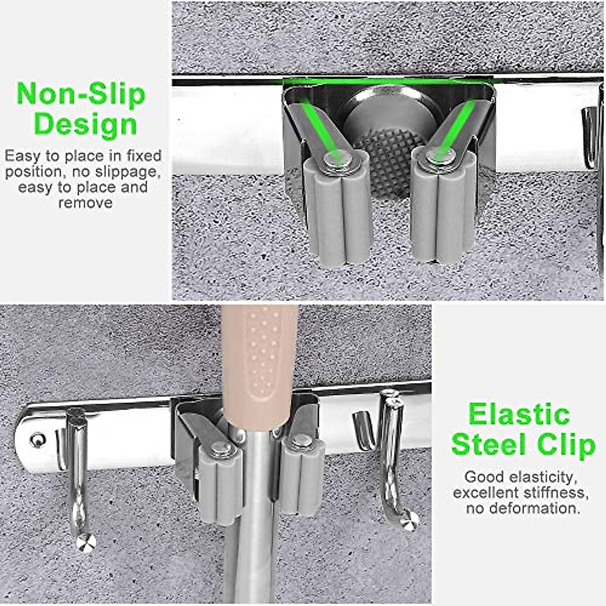 Mop and Broom Holder Wall Mount, SullWaker 3 Position with 4 Hooks Can Hold 7 Tools Stainless Steel Broom Organizer Wall Mount, Storage Hook Suitable for Home, Kitchen, Bathroom, Garage 1 Pack