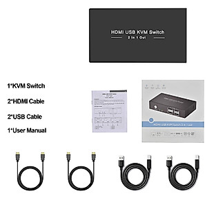 Rybozen KVM Switch HDMI 2 Port Box,USB Switch selector with 4 USB 2.0 Hub Share 2 Computers, UHD 4K@30Hz, Support Wireless Keyboard and Mouse, Powered by USB,with 2 HDMI and 2 USB Cables