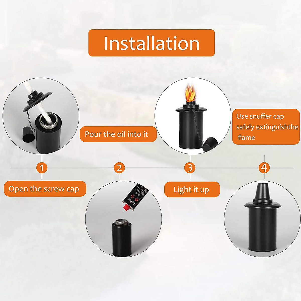 SUNYPLAY Torch Canisters, 12 oz Bamboo Torch Refill Canister, 4 Pack Replacement Outdoor Torch Canister with Wicks and Covers for Luau Party, DIY Garden Torch Decor