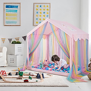 MOOZHEALTH Princess Rainbow Kids Play Tent -Large Castle Playhouse for Girls,Indoor & Outdoor Toddlers Play Tent,Reading Nook Imaginative Games,54x37x52