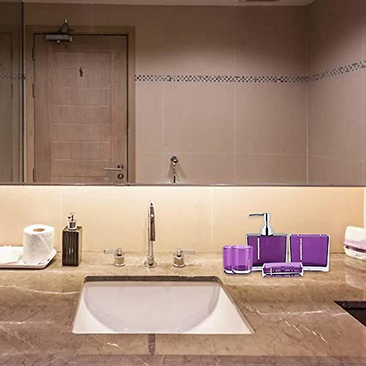 Purple Bathroom Accessories Set Purple Bathroom Accessories Bathroom Designer 5-Piece Bath Accessory Set,Acrylic Gift Set Toothbrush Holder Toothbrush Cup Soap Dispenser Soap Dish Toilet Brush Holder