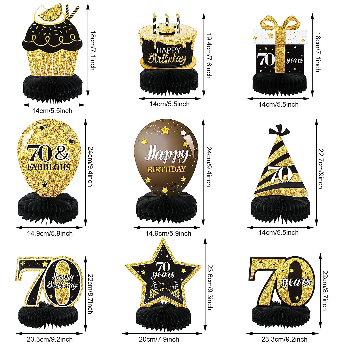 70th Birthday Party Decorations for Men Cheers Birthday Banner Black Gold Balloons Hanging Swirls Honeycomb Centerpieces and Disposable Tablecloth for Men Women 70th Birthday Decorations