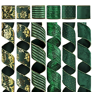 HUIHUANG Green Velvet Christmas Ribbons - Wired for Trees, Wreaths, Garlands, Bows - 2-1/2" x 6 Rolls, 36 Yds Total